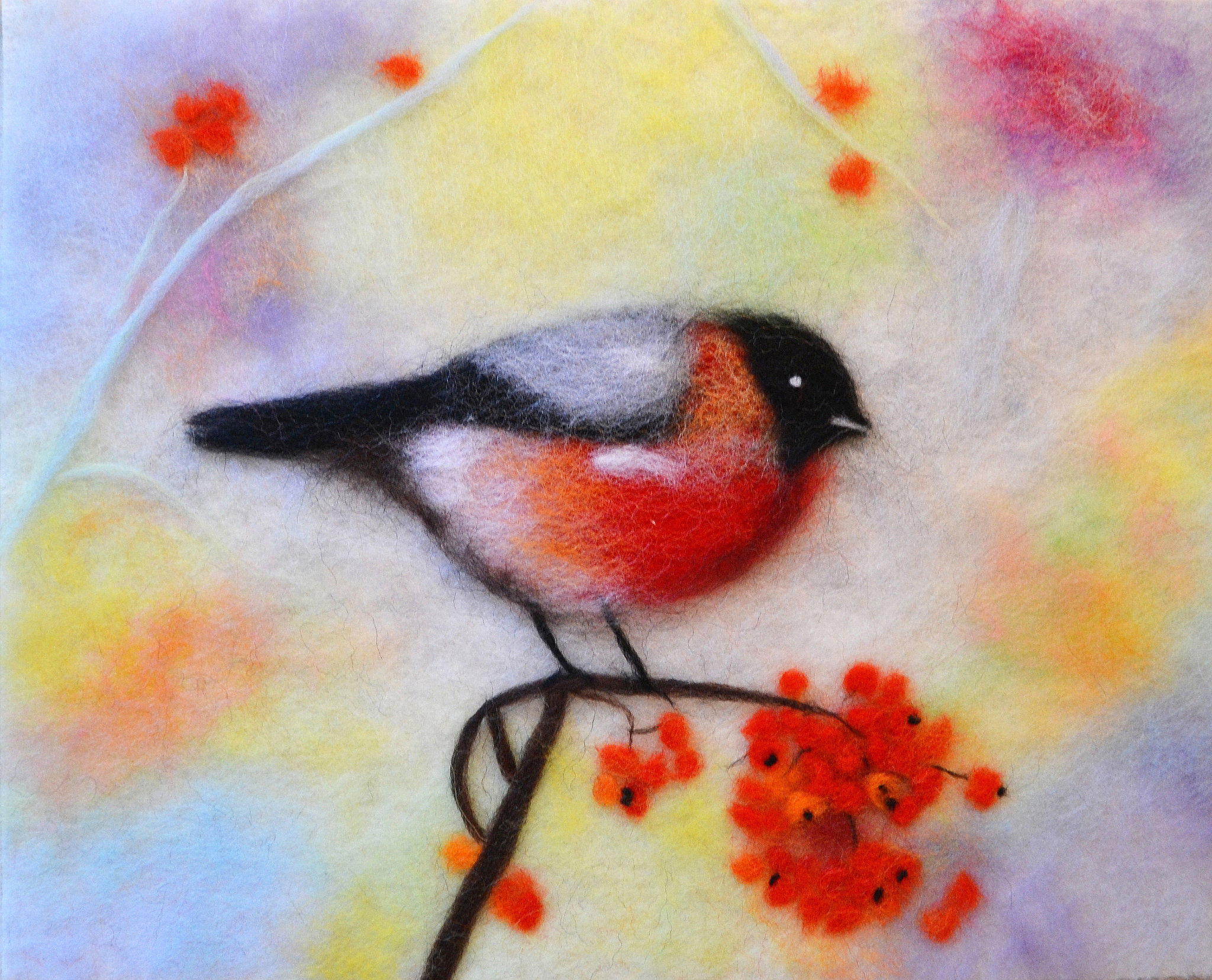 Original Wool Painting "Colorful Bullfinch" by Oksana Ball